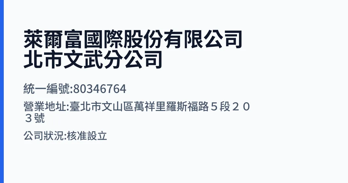 萊爾富國際股份有限公司北市文武分公司 - 統編 80346764(臺北市) 公司登記資料與營業項目詳細圖表