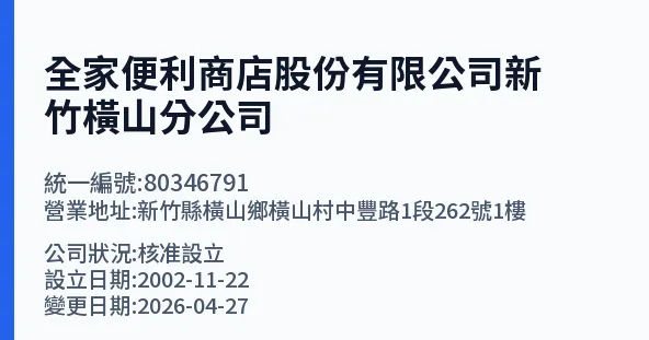 全家便利商店股份有限公司新竹橫山分公司的照片-統編 80346791(新竹縣) 公司登記資料與營業項目詳細圖表