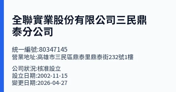 全聯實業股份有限公司三民鼎泰分公司的照片-統編 80347145(高雄市) 公司登記資料與營業項目詳細圖表