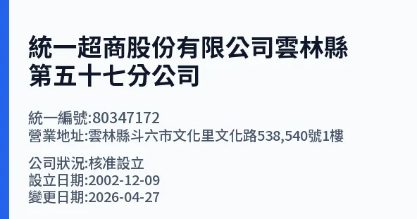 統一超商股份有限公司雲林縣第五十七分公司的照片-統編 80347172(雲林縣) 公司登記資料與營業項目詳細圖表