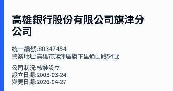 高雄銀行股份有限公司旗津分公司的照片-統編 80347454(高雄市) 公司登記資料與營業項目詳細圖表