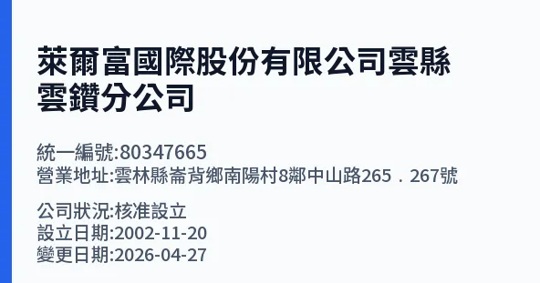 萊爾富國際股份有限公司雲縣雲鑽分公司的照片-統編 80347665(雲林縣) 公司登記資料與營業項目詳細圖表