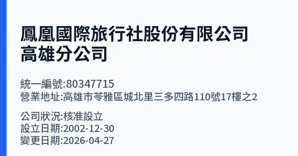 鳳凰國際旅行社股份有限公司高雄分公司的照片-統編 80347715(高雄市) 公司登記資料與營業項目詳細圖表