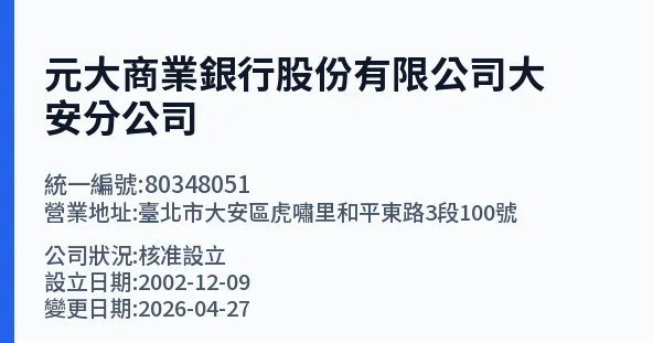 元大商業銀行股份有限公司大安分公司的照片-統編 80348051(臺北市) 公司登記資料與營業項目詳細圖表