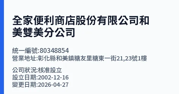 全家便利商店股份有限公司和美雙美分公司的照片-統編 80348854(彰化縣) 公司登記資料與營業項目詳細圖表