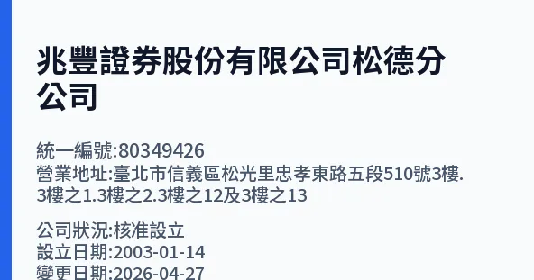 兆豐證券股份有限公司松德分公司的照片-統編 80349426(臺北市) 公司登記資料與營業項目詳細圖表