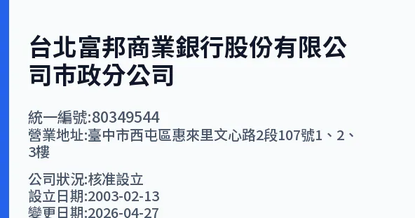 台北富邦商業銀行股份有限公司巿政分公司的照片-統編 80349544(臺中市) 公司登記資料與營業項目詳細圖表