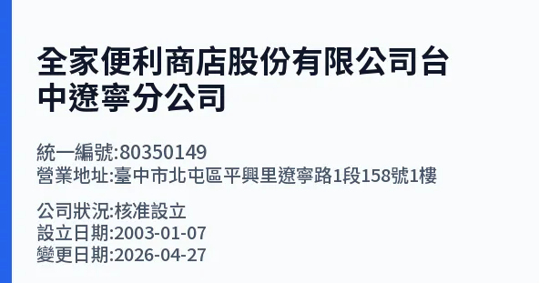全家便利商店股份有限公司台中遼寧分公司的照片-統編 80350149(臺中市) 公司登記資料與營業項目詳細圖表