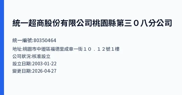 統一超商股份有限公司桃園縣第三0八分公司的照片-統編 80350464(桃園市) 公司登記資料與營業項目詳細圖表