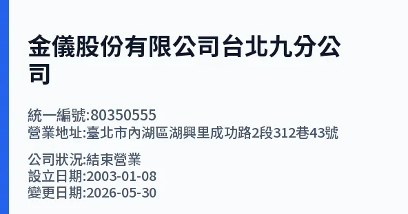 金儀股份有限公司台北九分公司的照片-統編 80350555(臺北市) 公司登記資料與營業項目詳細圖表