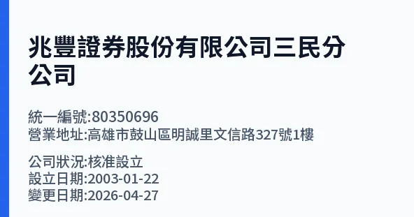 兆豐證券股份有限公司三民分公司的照片-統編 80350696(高雄市) 公司登記資料與營業項目詳細圖表