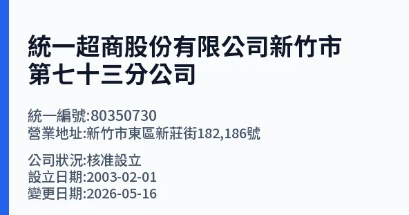 統一超商股份有限公司新竹市第七十三分公司的照片-統編 80350730(新竹市) 公司登記資料與營業項目詳細圖表