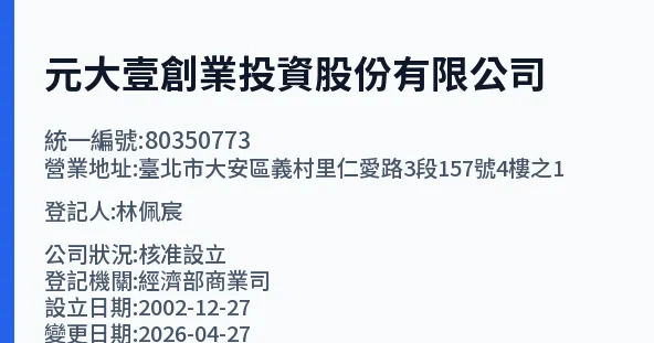 元大壹創業投資股份有限公司的照片-統編 80350773(臺北市) 公司登記資料與營業項目詳細圖表