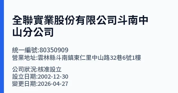 全聯實業股份有限公司斗南中山分公司的照片-統編 80350909(雲林縣) 公司登記資料與營業項目詳細圖表