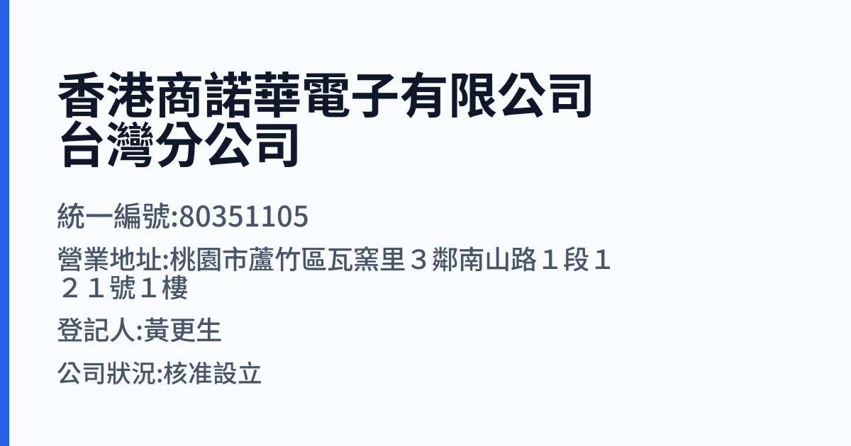 香港商諾華電子有限公司台灣分公司 - 統編 80351105(桃園市) 公司登記資料與營業項目詳細圖表