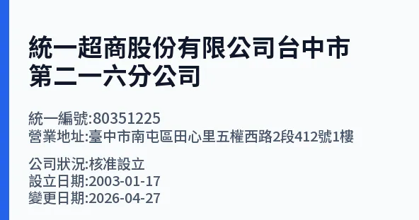 統一超商股份有限公司台中市第二一六分公司的照片-統編 80351225(臺中市) 公司登記資料與營業項目詳細圖表