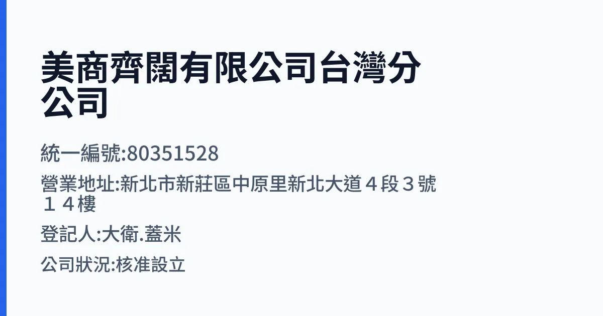 美商齊闊有限公司台灣分公司 - 統編 80351528(新北市) 公司登記資料與營業項目詳細圖表