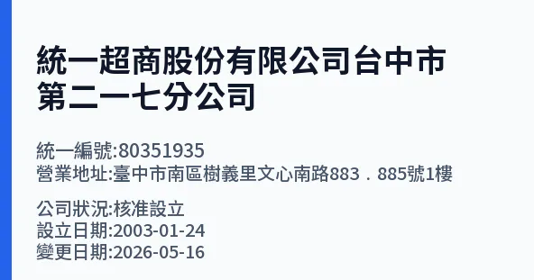 統一超商股份有限公司台中市第二一七分公司的照片-統編 80351935(臺中市) 公司登記資料與營業項目詳細圖表