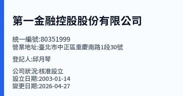 第一金融控股股份有限公司的照片-統編 80351999(臺北市) 公司登記資料與營業項目詳細圖表