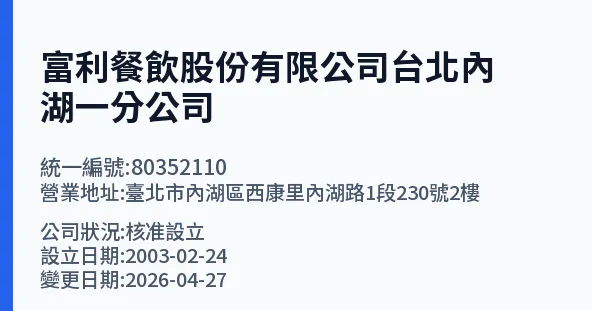 富利餐飲股份有限公司台北內湖一分公司的照片-統編 80352110(臺北市) 公司登記資料與營業項目詳細圖表