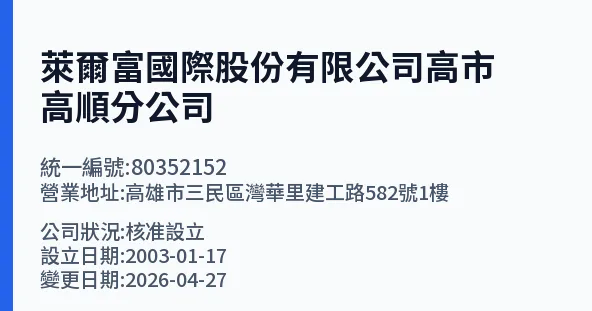 萊爾富國際股份有限公司高市高順分公司的照片-統編 80352152(高雄市) 公司登記資料與營業項目詳細圖表