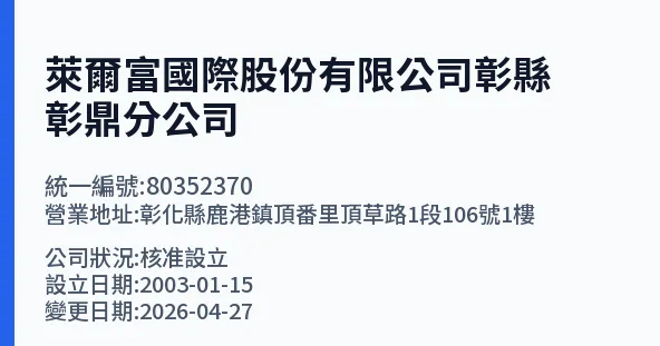 萊爾富國際股份有限公司彰縣彰鼎分公司的照片-統編 80352370(彰化縣) 公司登記資料與營業項目詳細圖表
