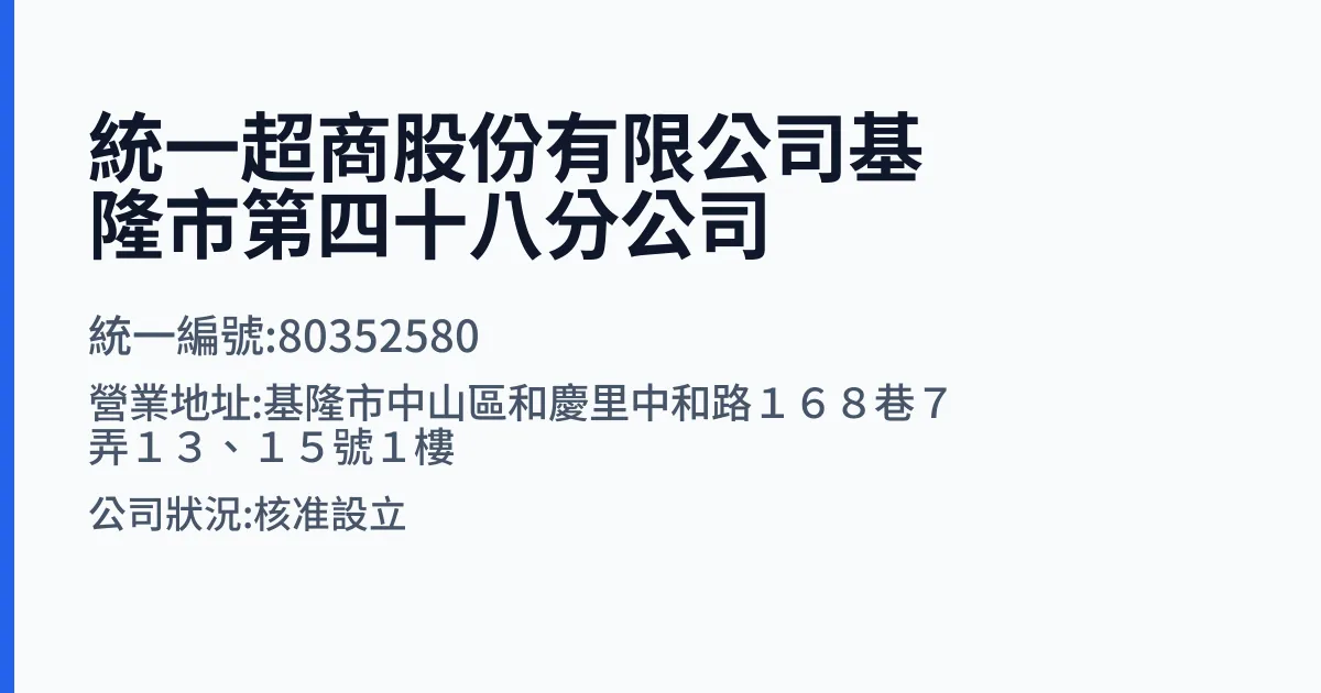 統一超商股份有限公司基隆市第四十八分公司 - 統編 80352580(基隆市) 公司登記資料與營業項目詳細圖表