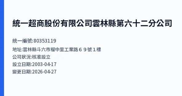 統一超商股份有限公司雲林縣第六十二分公司的照片-統編 80353119(雲林縣) 公司登記資料與營業項目詳細圖表
