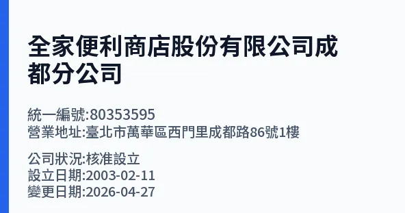 全家便利商店股份有限公司成都分公司的照片-統編 80353595(臺北市) 公司登記資料與營業項目詳細圖表