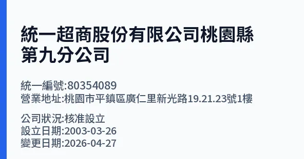 統一超商股份有限公司桃園縣第九分公司的照片-統編 80354089(桃園市) 公司登記資料與營業項目詳細圖表