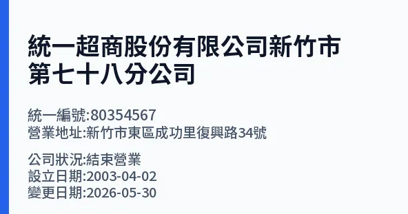 統一超商股份有限公司新竹市第七十八分公司的照片-統編 80354567(新竹市) 公司登記資料與營業項目詳細圖表