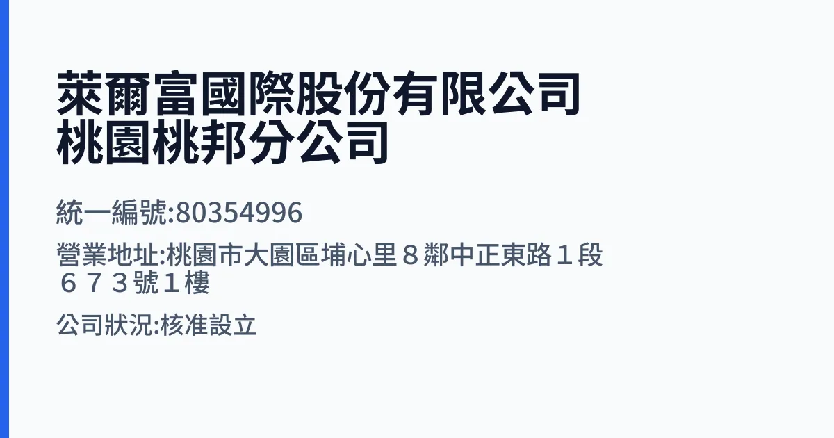 萊爾富國際股份有限公司桃園桃邦分公司 - 統編 80354996(桃園市) 公司登記資料與營業項目詳細圖表