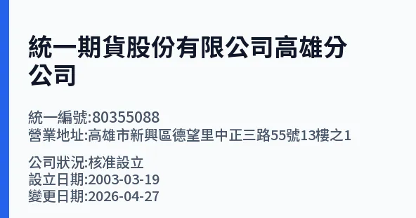 統一期貨股份有限公司高雄分公司的照片-統編 80355088(高雄市) 公司登記資料與營業項目詳細圖表