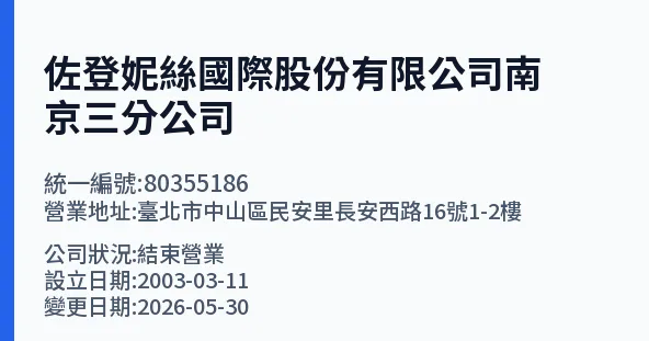 佐登妮絲國際股份有限公司南京三分公司的照片-統編 80355186(臺北市) 公司登記資料與營業項目詳細圖表