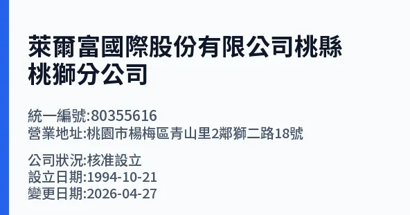 萊爾富國際股份有限公司桃縣桃獅分公司的照片-統編 80355616(桃園市) 公司登記資料與營業項目詳細圖表