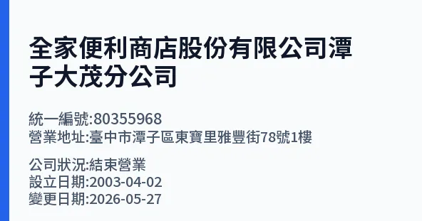全家便利商店股份有限公司潭子大茂分公司的照片-統編 80355968(臺中市) 公司登記資料與營業項目詳細圖表