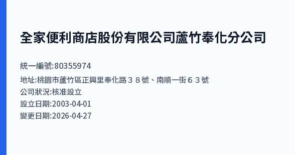 全家便利商店股份有限公司蘆竹奉化分公司的照片-統編 80355974(桃園市) 公司登記資料與營業項目詳細圖表
