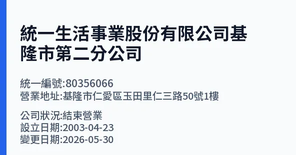 統一生活事業股份有限公司基隆市第二分公司的照片-統編 80356066(基隆市) 公司登記資料與營業項目詳細圖表