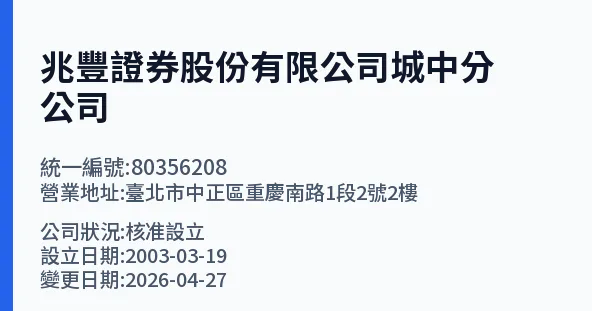 兆豐證券股份有限公司城中分公司的照片-統編 80356208(臺北市) 公司登記資料與營業項目詳細圖表