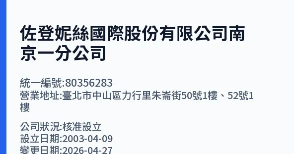 佐登妮絲國際股份有限公司南京一分公司的照片-統編 80356283(臺北市) 公司登記資料與營業項目詳細圖表
