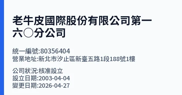 老牛皮國際股份有限公司第一六○分公司的照片-統編 80356404(新北市) 公司登記資料與營業項目詳細圖表