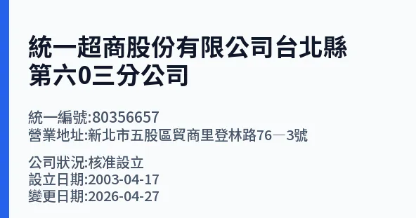 統一超商股份有限公司台北縣第六0三分公司的照片-統編 80356657(新北市) 公司登記資料與營業項目詳細圖表