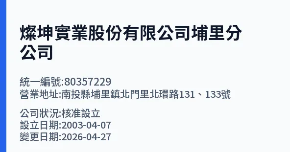 燦坤實業股份有限公司埔里分公司的照片-統編 80357229(南投縣) 公司登記資料與營業項目詳細圖表