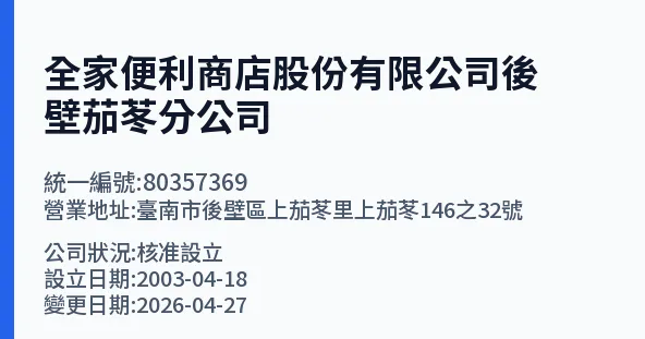 全家便利商店股份有限公司後壁茄苳分公司的照片-統編 80357369(臺南市) 公司登記資料與營業項目詳細圖表