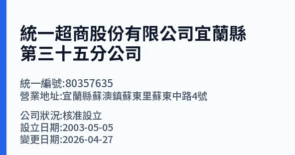 統一超商股份有限公司宜蘭縣第三十五分公司的照片-統編 80357635(宜蘭縣) 公司登記資料與營業項目詳細圖表