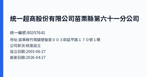 統一超商股份有限公司苗栗縣第六十一分公司的照片-統編 80357641(苗栗縣) 公司登記資料與營業項目詳細圖表