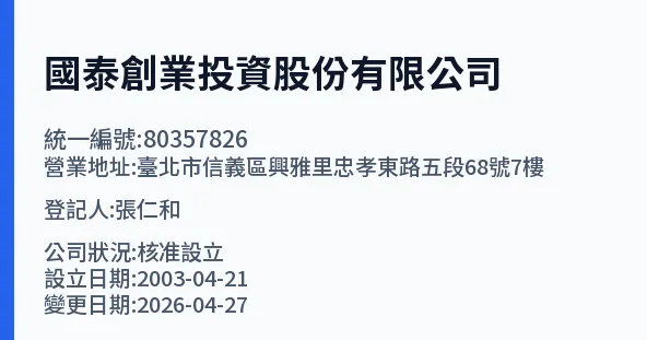 國泰創業投資股份有限公司的照片-統編 80357826(臺北市) 公司登記資料與營業項目詳細圖表