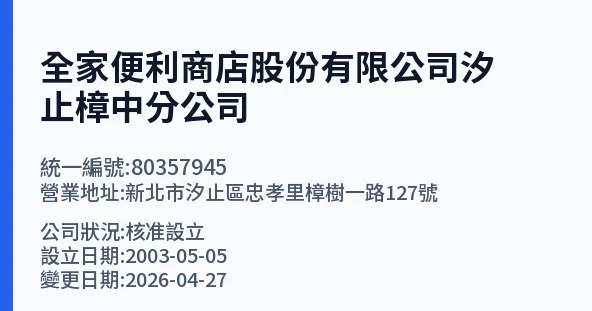 全家便利商店股份有限公司汐止樟中分公司的照片-統編 80357945(新北市) 公司登記資料與營業項目詳細圖表