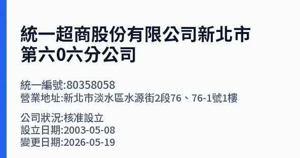 統一超商股份有限公司新北市第六0六分公司的照片-統編 80358058(新北市) 公司登記資料與營業項目詳細圖表