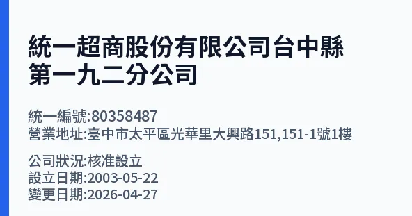 統一超商股份有限公司台中縣第一九二分公司的照片-統編 80358487(臺中市) 公司登記資料與營業項目詳細圖表